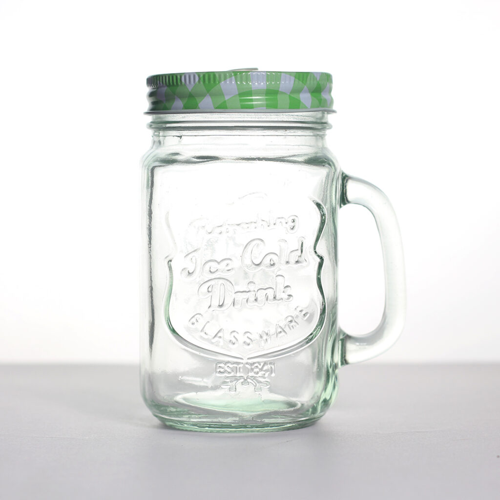 Mason Jar with Straw, Handle & Green Lid, Clear Glass Drinking Jar for ...